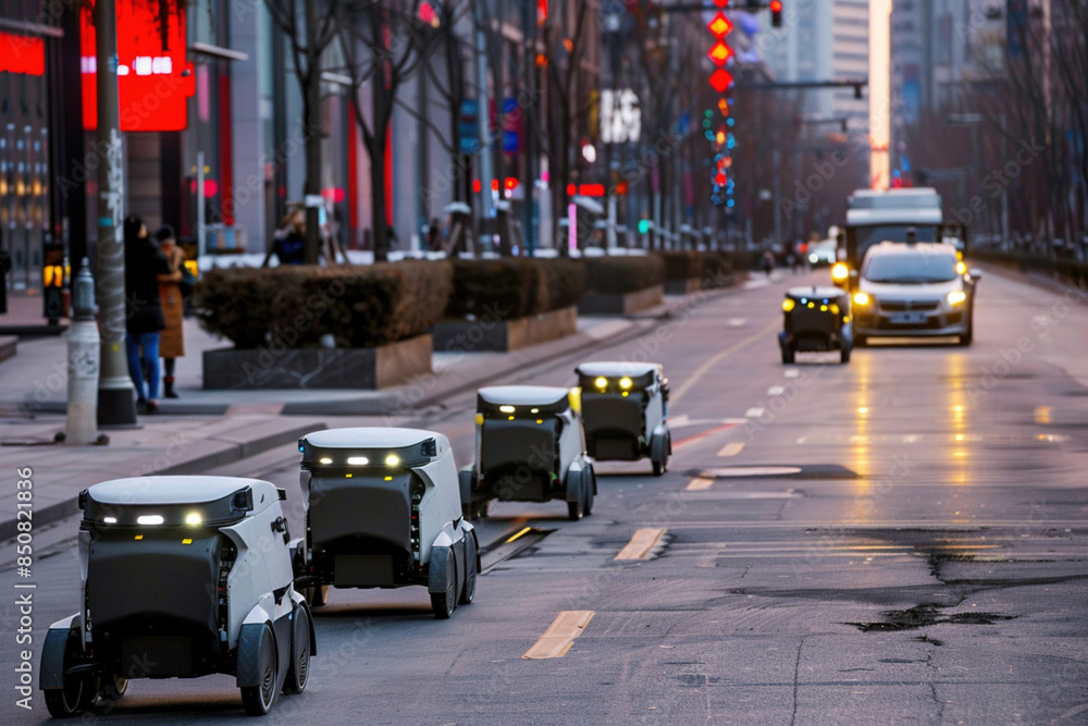 Autonomous robotic machiene deliver post and other delivery on sunny ...