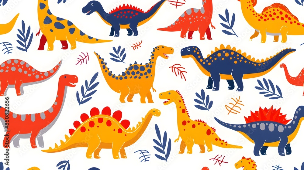 Seamless pattern featuring fun and colourful dinosaurs in a clip art ...