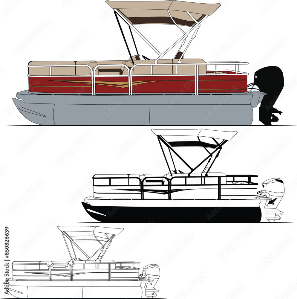 Pontoon boat vector, boat vector, motorboat vector, line art ...