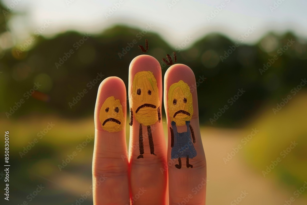 Three fingers with sad faces drawn on them, representing a family in ...