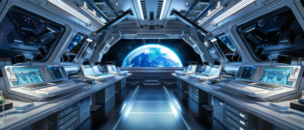 A high-tech control room with a view of Earth, filled with advanced ...