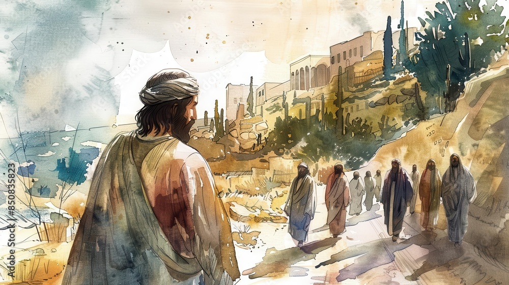 biblical illustration of jesus return to nazareth watercolor life of ...