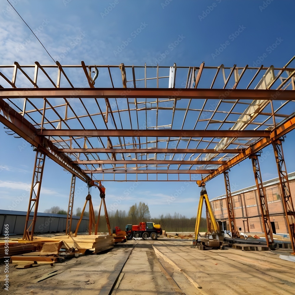 Installing a steel roof truss frame using a mobile cra Stock Photo ...
