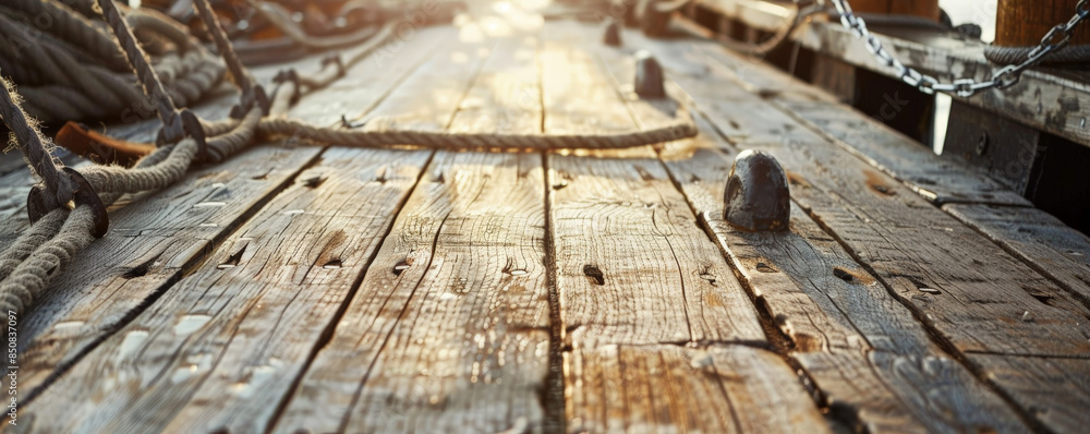 An 18th-century pirate ship deck with wooden planks and rigging. Stock ...