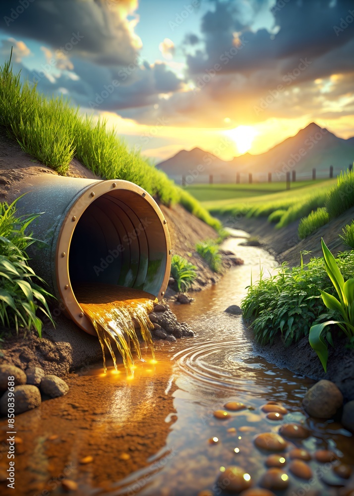 Sewer pipe causing a pollution, Sewerage in the environment, water ...