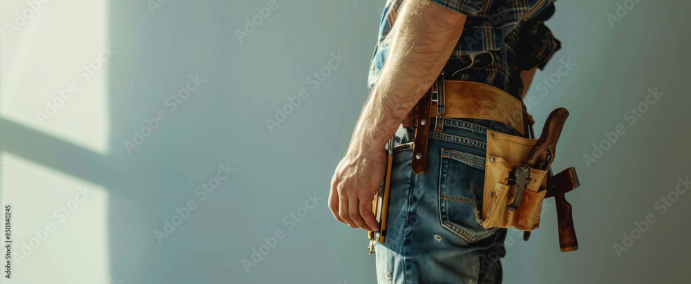 An American male worker stands slightly sideways, with tools hanging on ...