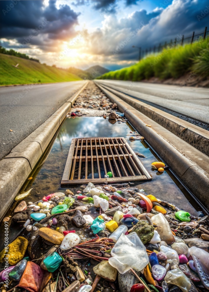 Sewer grated cover causing a pollution, Sewerage in the environment ...