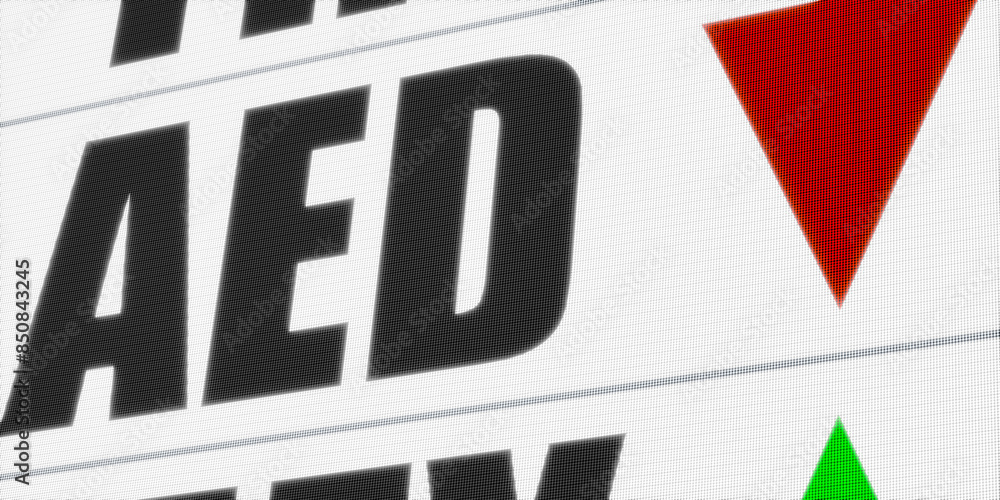 AED, Arab Emirates Dirham currency symbol and red arrow, falling AED ...