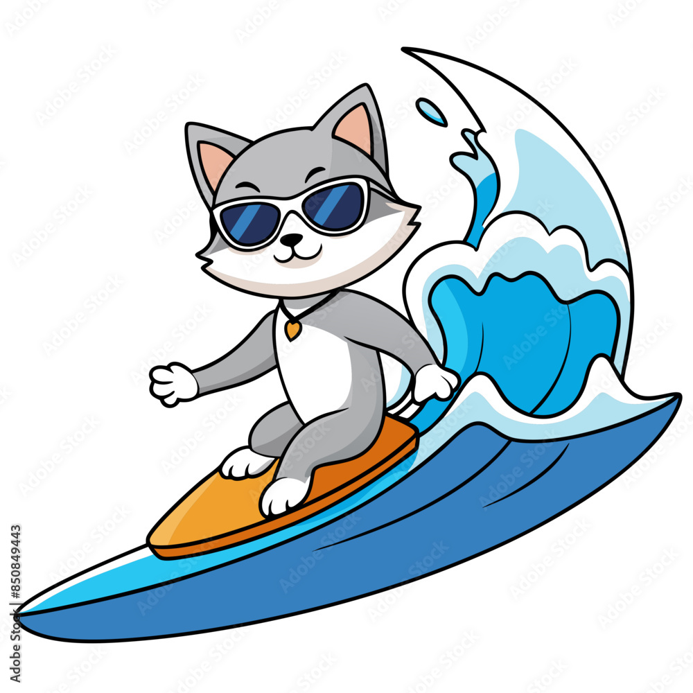 Vector image of an anime cat surfer riding a huge wave, with a relaxed ...