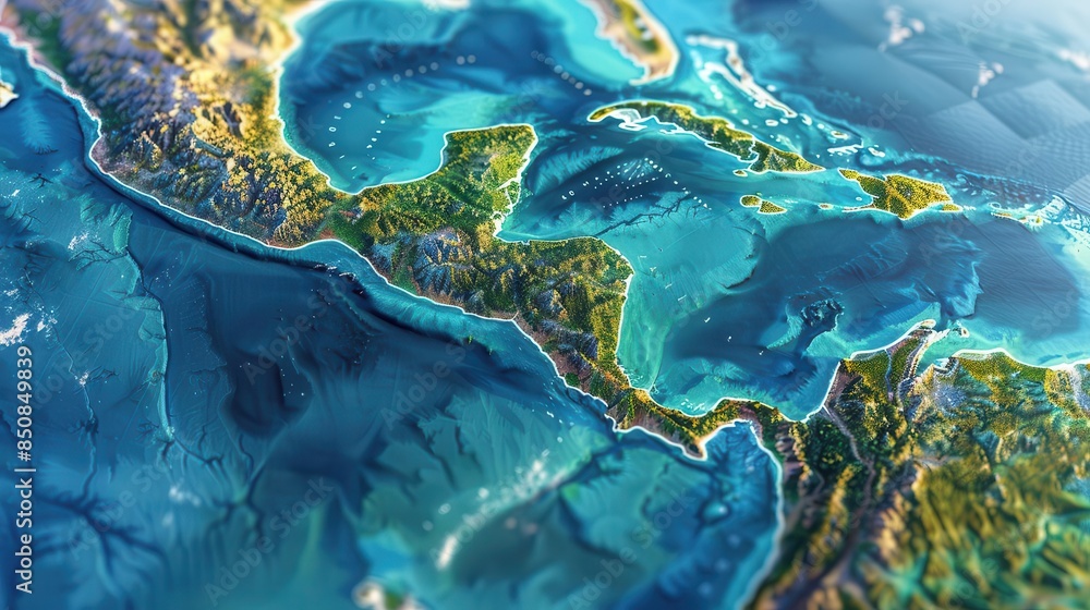 Fotografie, Obraz detailed physical map of central america and ...
