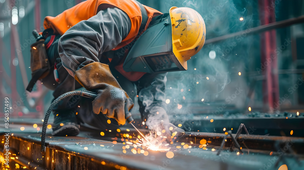 closeup A welder is welding steel on a steel roof truss Working at ...
