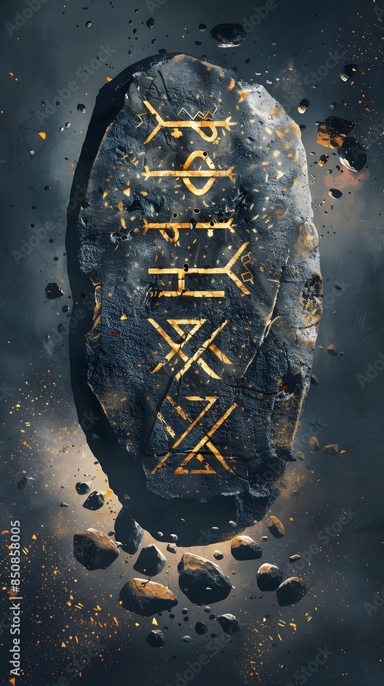 Ancient stone rune with glowing symbols in a mystical, floating ...