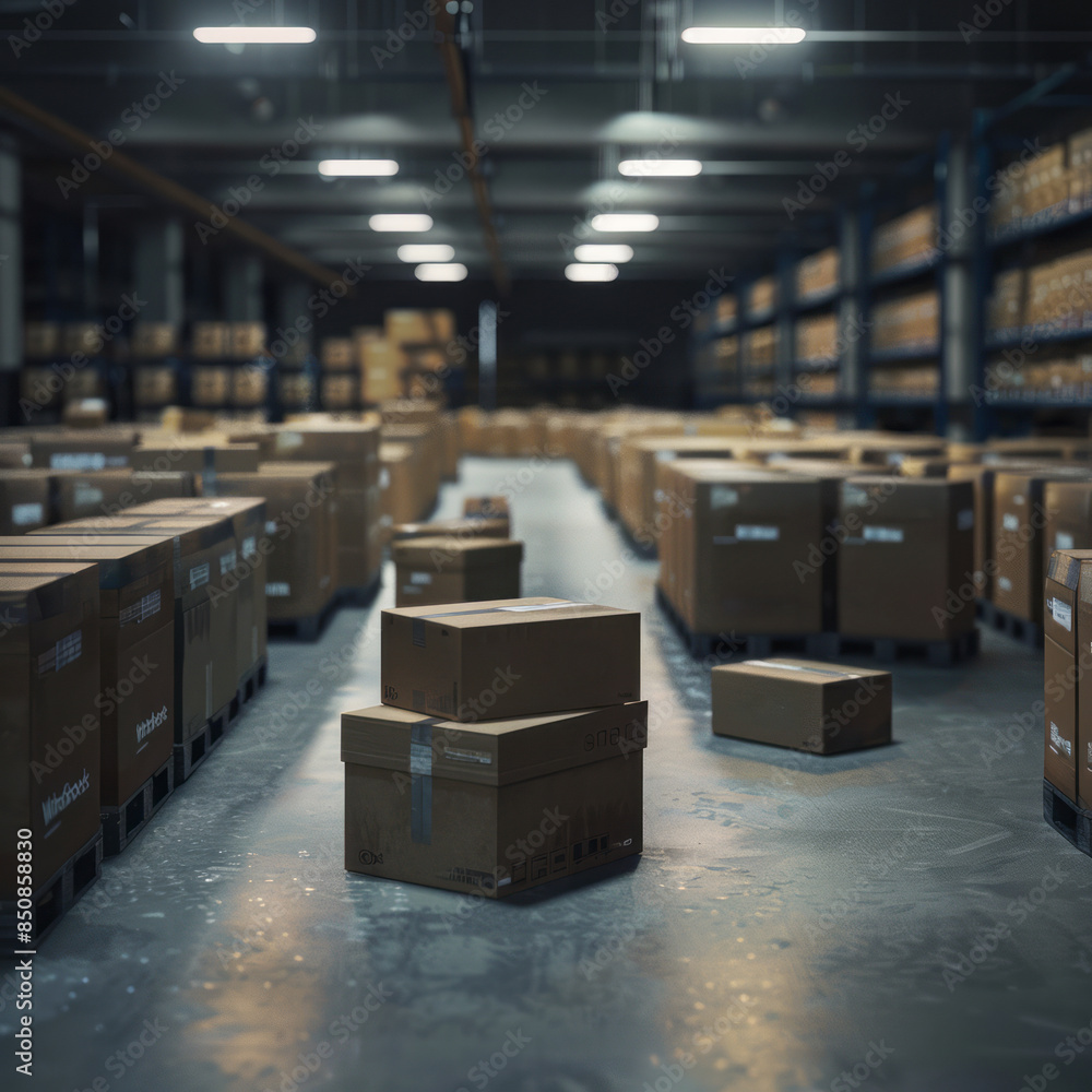 Interior view of a warehouse filled with stacked cardboard boxes on ...
