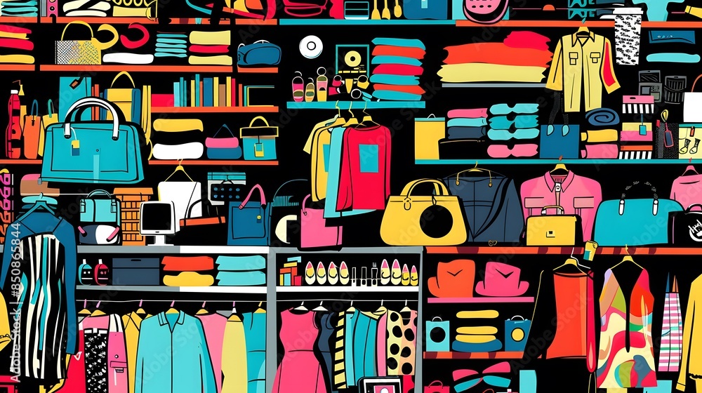 Colorful clip art background with graphic depictions of retail products ...