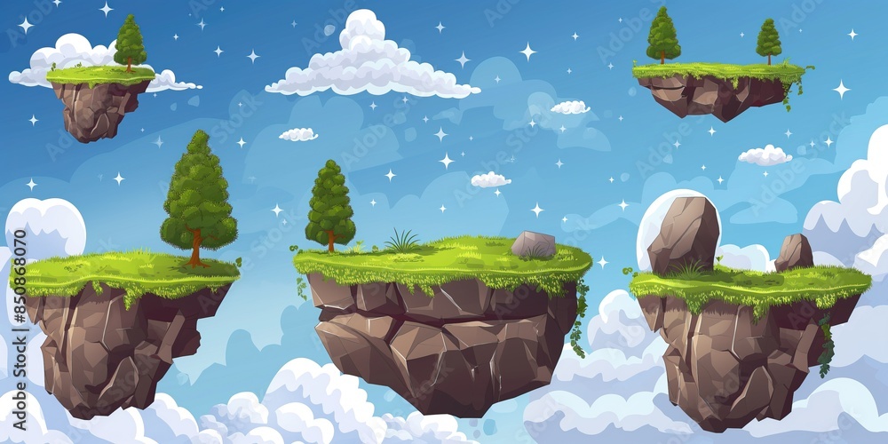 Collection of animated floating land illustrations for game levels ...