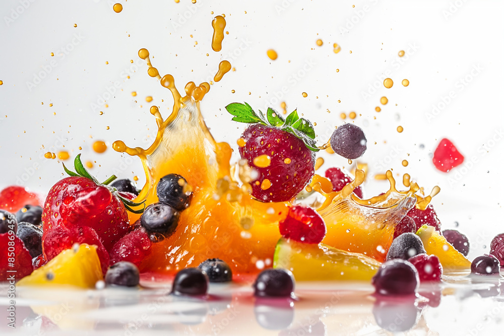 fruits falling into water splash, A refreshing splash of mixed tropical ...