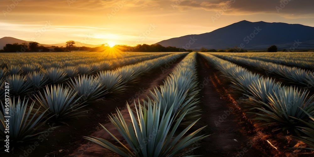 Tequila production at a Mexican agave plantation at twilight. Concept ...