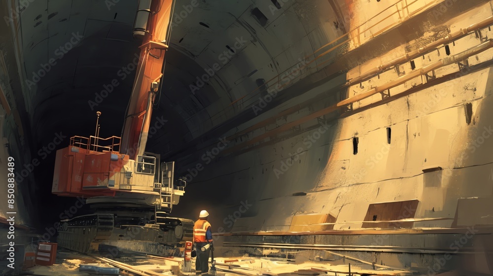 Engineer assessing risks at a railway tunnel construction site ...