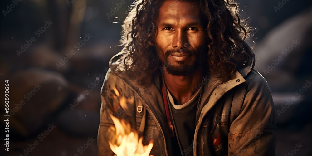 Aboriginal man standing by campfire in Australia. Concept Indigenous ...