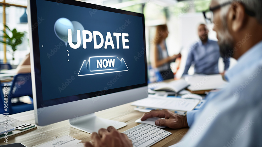 Business man updating his computer at the office. Man working and ...