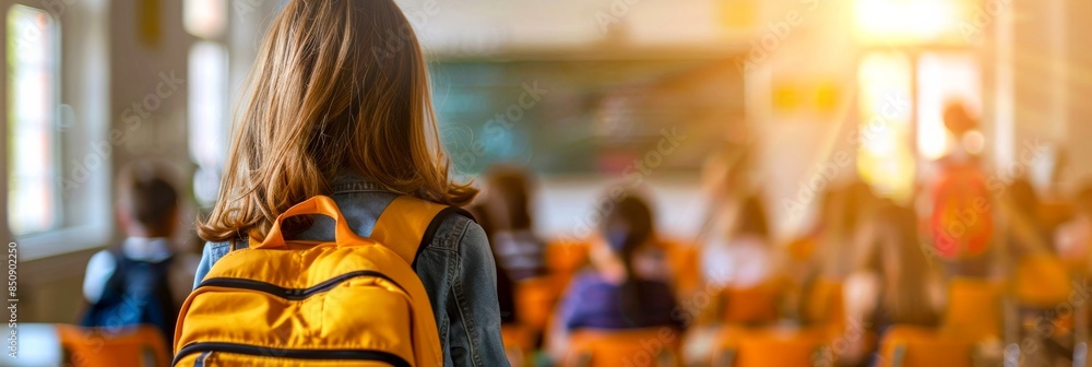 Student Walking into Classroom with Bright Yellow Backpack Ready to ...