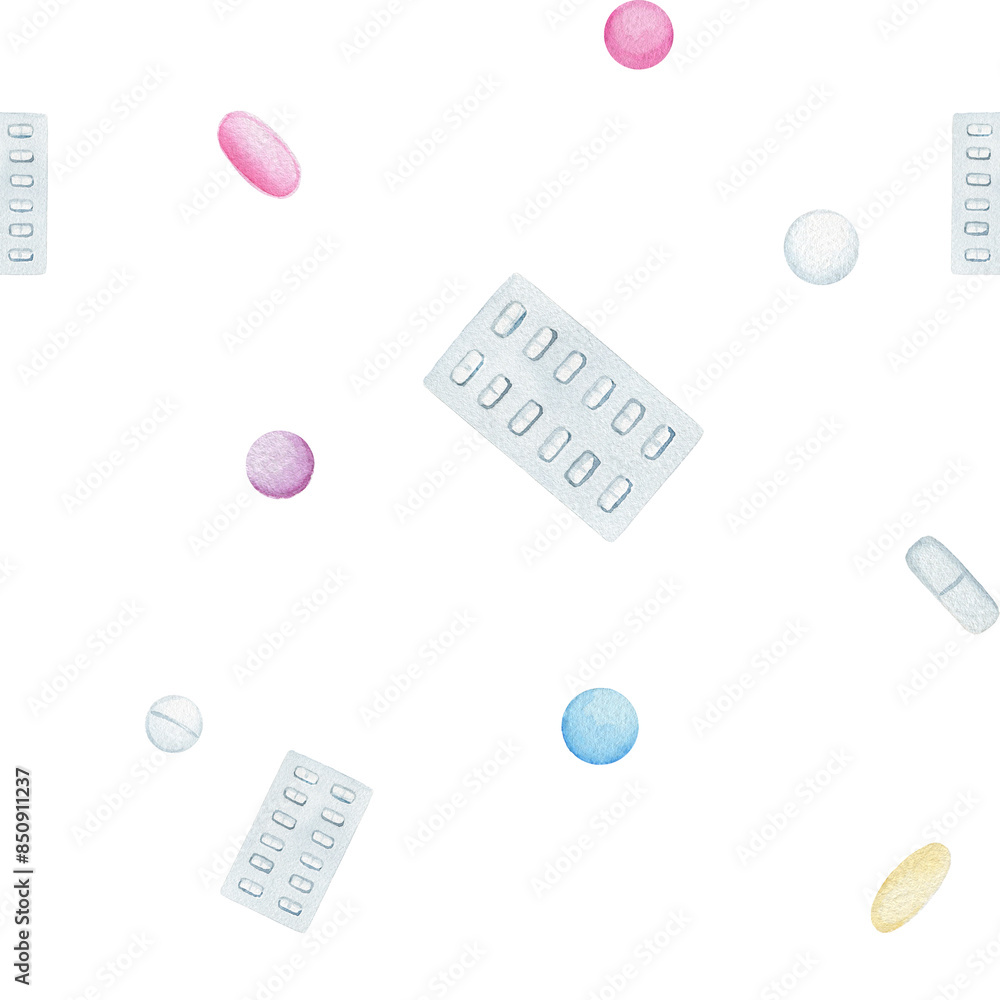 Seamless pattern with blister pack and pills. Watercolor isolated on ...