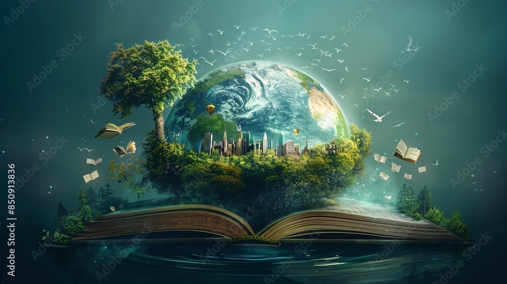 An open book with an illustration of the world inside, and books flying ...
