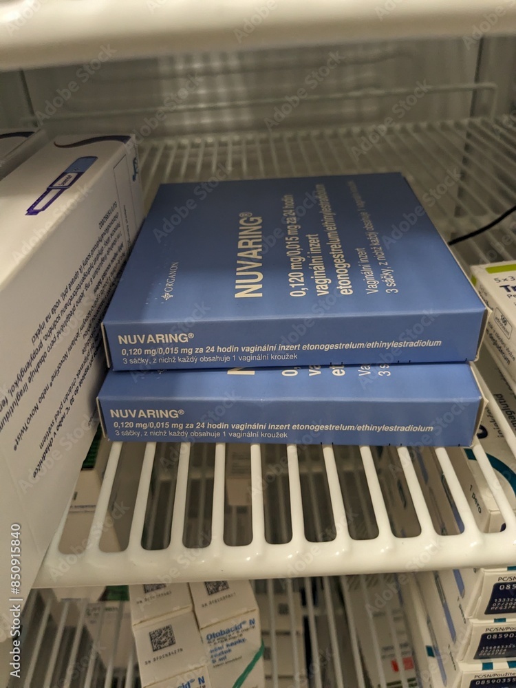 Prague, Czech Republic - June 28 2024: NUVARING box of medication with ...