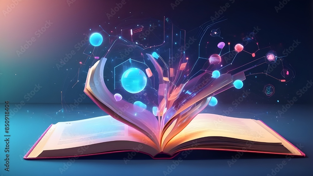 futuristic world education with a planet map and open book with a blue ...