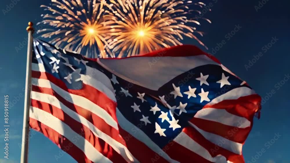 There is a waving American flag with fireworks exploding in the ...