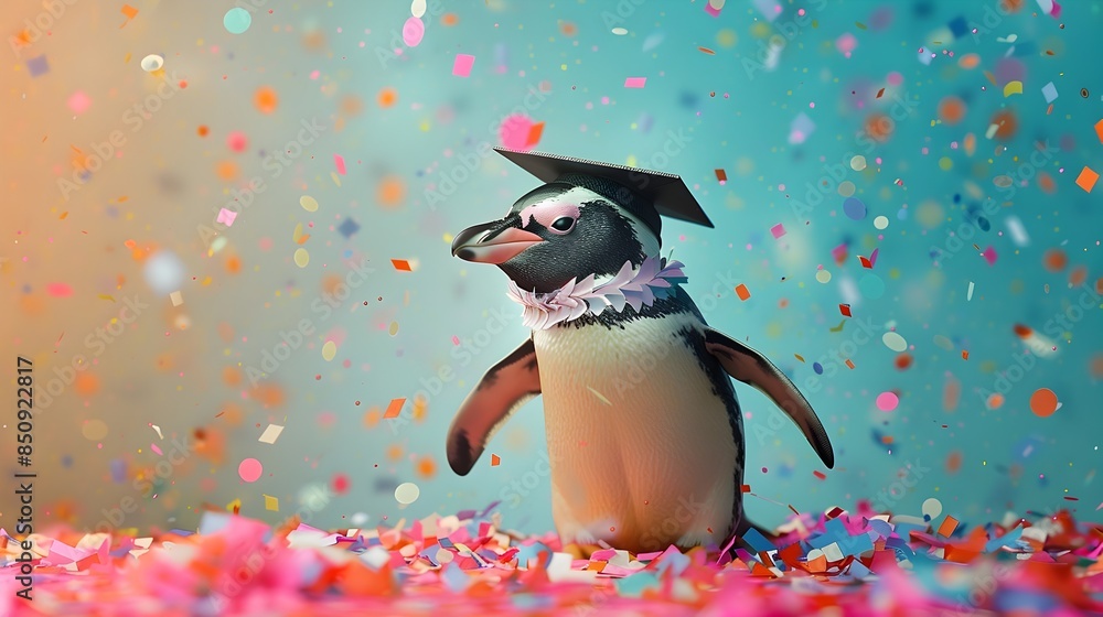Surreal Penguin Graduation Ceremony in Confetti-Filled Setting Stock ...