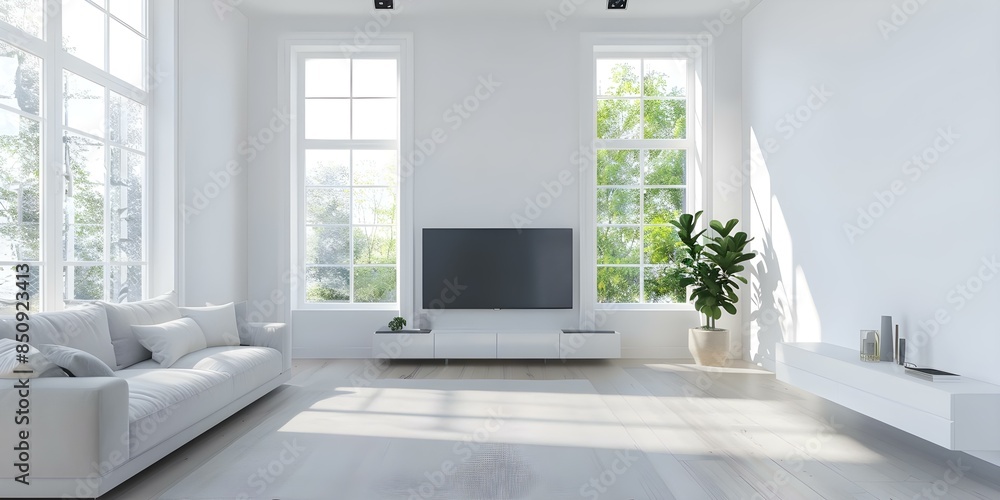 Living room with LED TV and large windows modern interior design ...