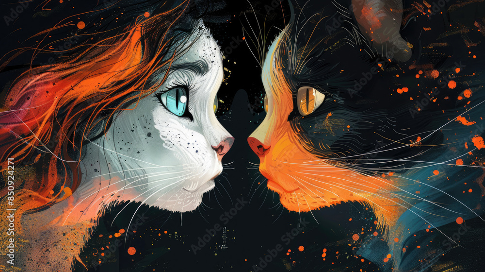 A vibrant and captivating digital artwork of two cats facing each other ...