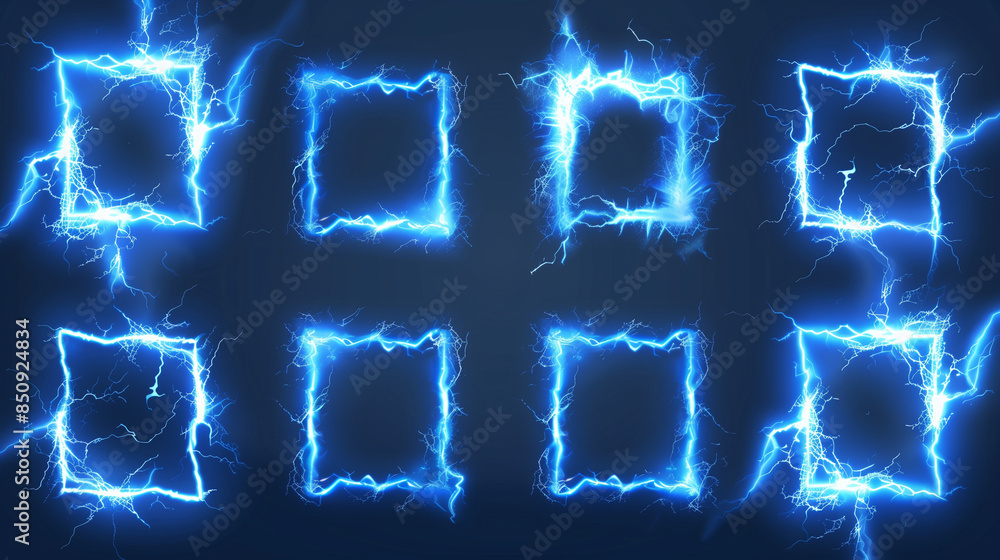 Lightning frames, blue electric borders of rectangular and square ...