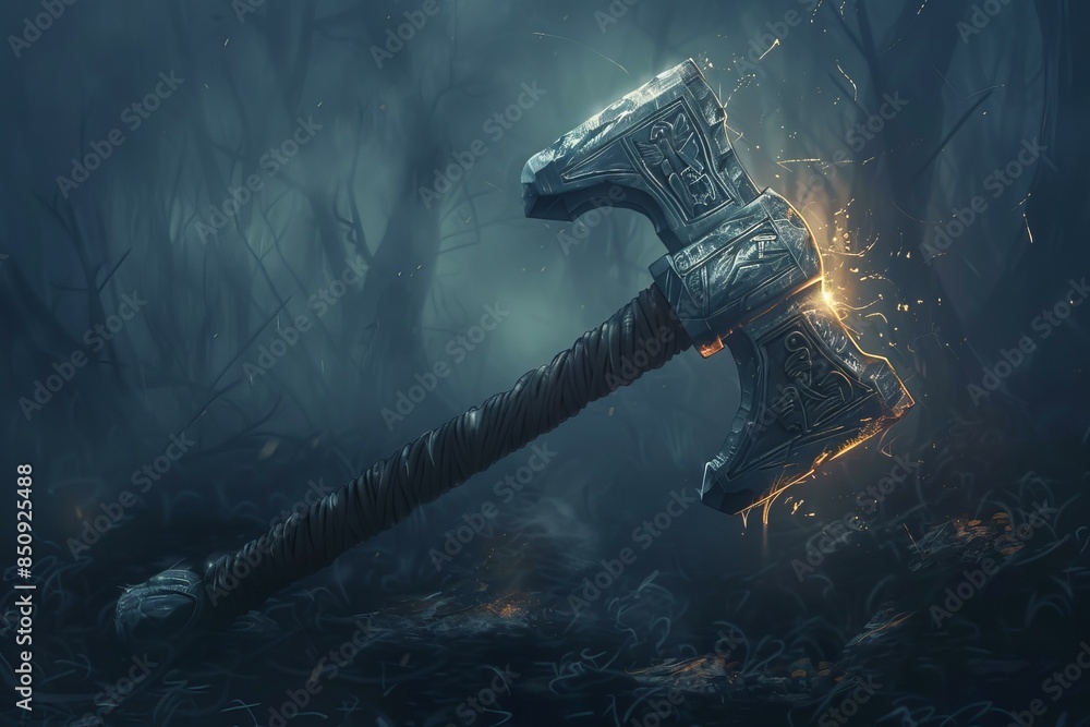 Magical axe with glowing runes, embedded in the ground of a foggy ...