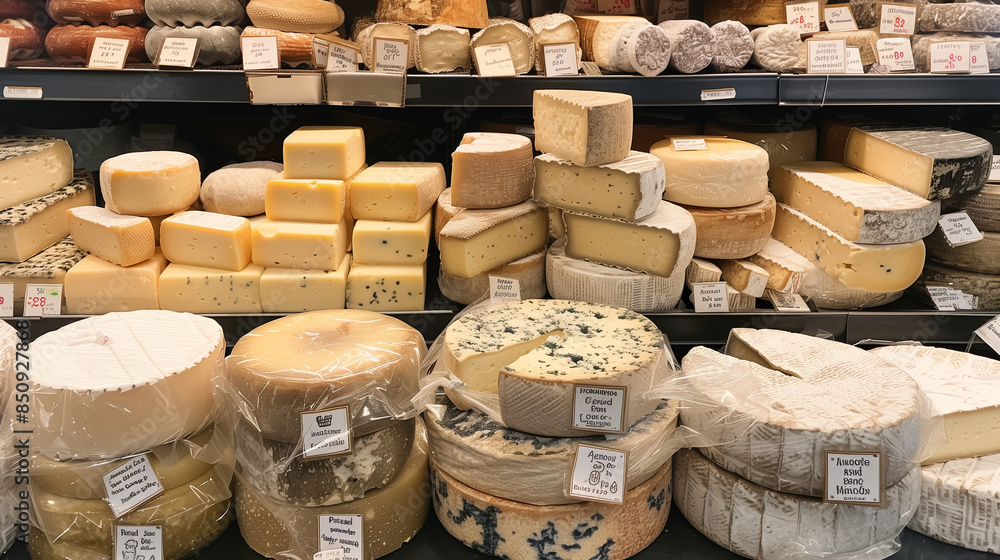 The grocery store displays a variety of cheeses, including Parmesan ...