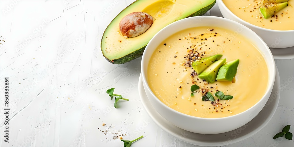 Ecuadorian potato cheese soup with avocado and hominy on white ...