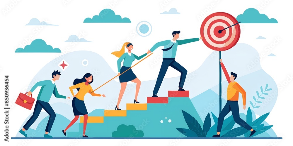 Helping to reach goal as teamwork power with partners tiny person ...