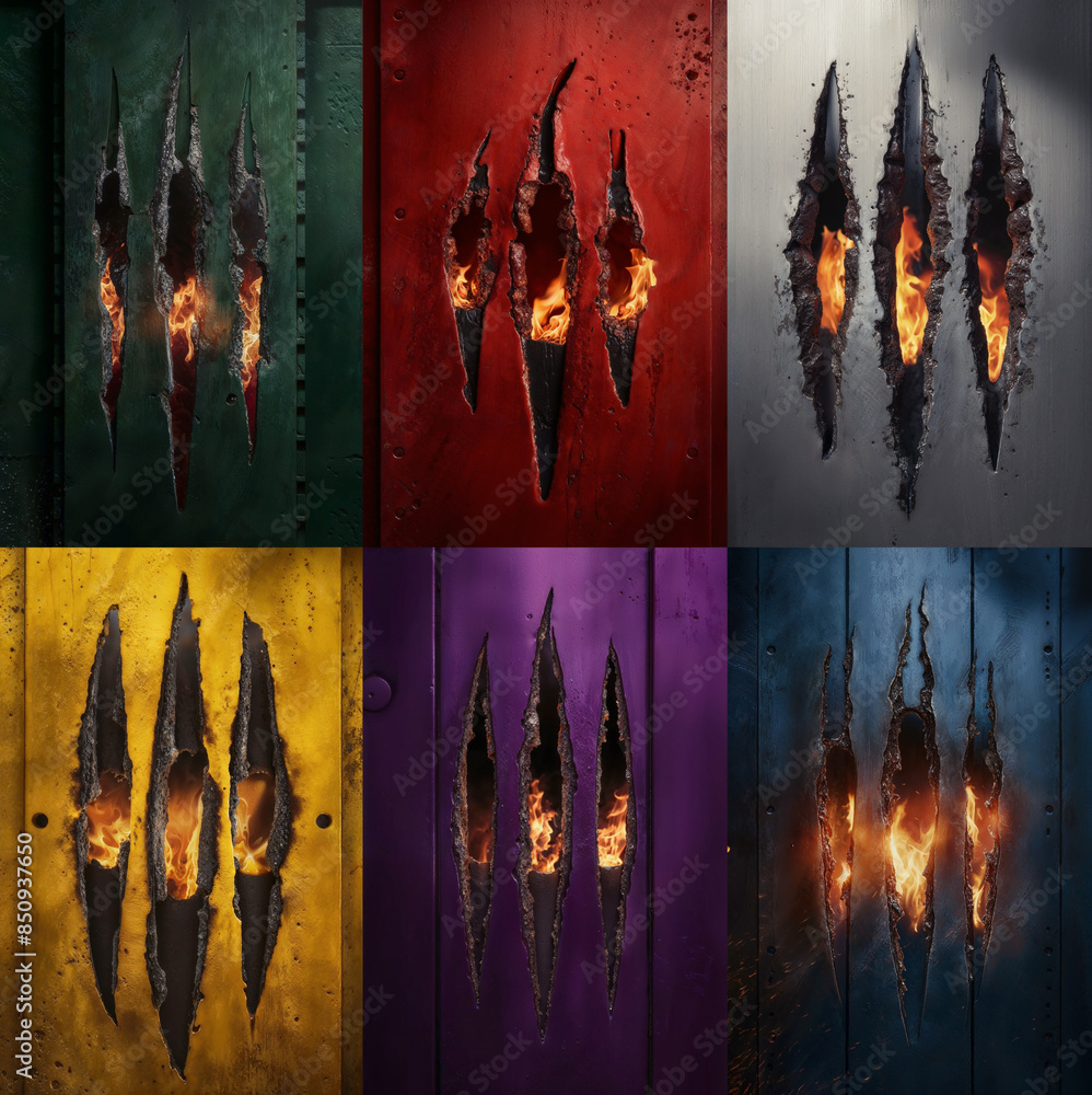 Set of claw marks on a steel background texture. Various surface colors ...