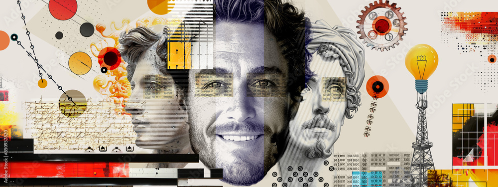 Abstract Collage trendy style illustration with man face and ancient ...