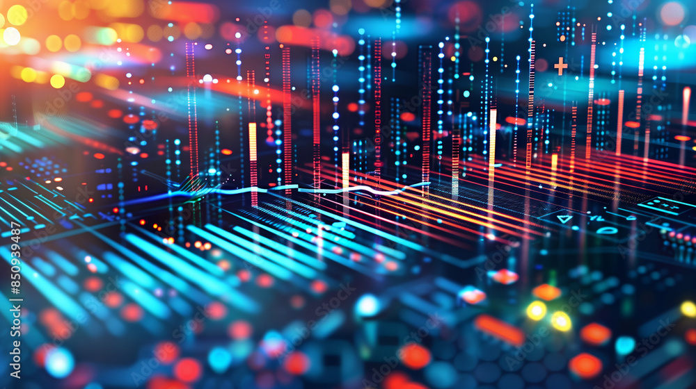 a telephoto shot of an audio equalizer bar chart with animated digital ...