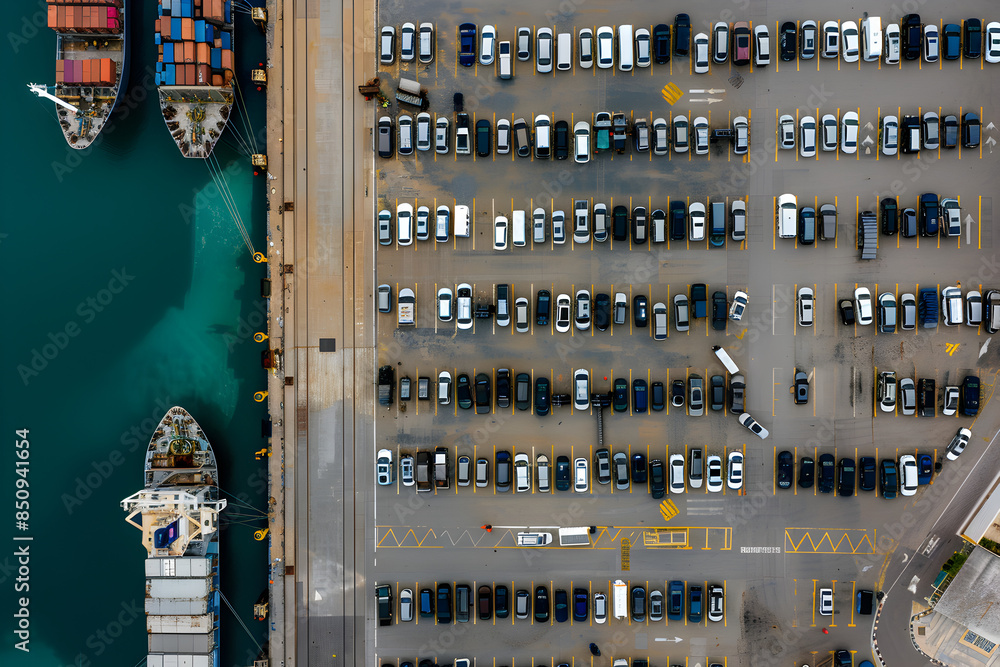 Aerial view of new electric vehicles parked at the port, Electric cars ...