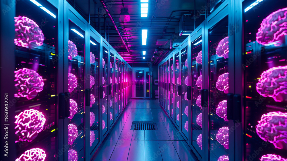 Cybernetic Server Room with AI Brains. A futuristic server room containing AI brains in ...