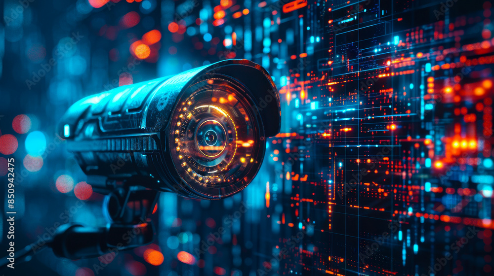 AI Powered Surveillance Camera. An AI-powered surveillance camera with a digital interface ...