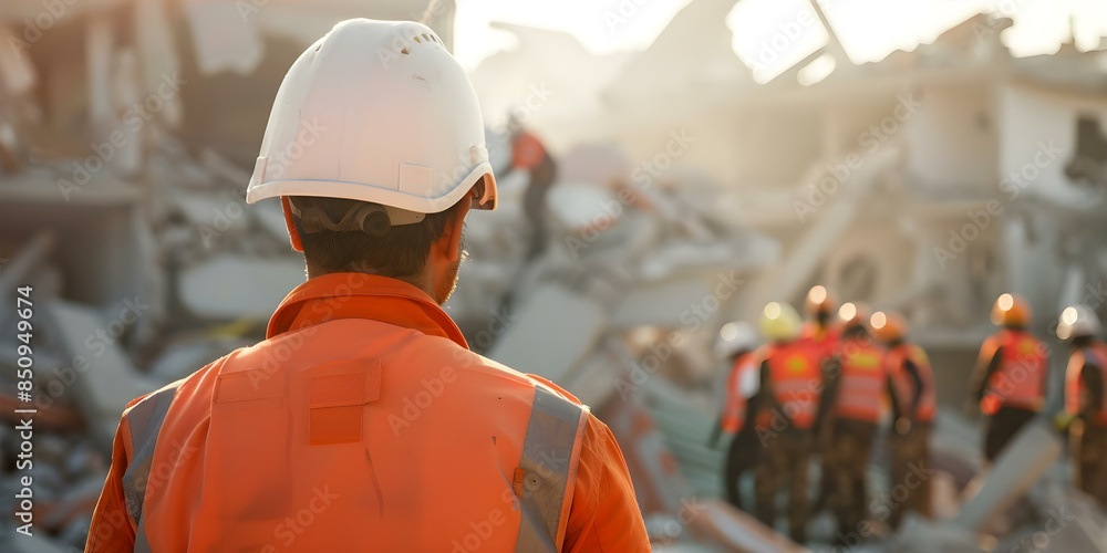 Rescue worker surveys building collapse aftermath with team in ...