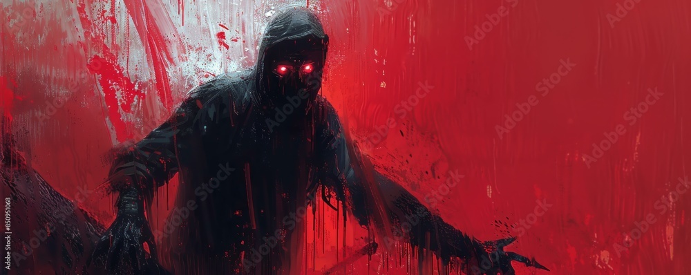Dark hooded figure with glowing red eyes standing against a blood-red ...