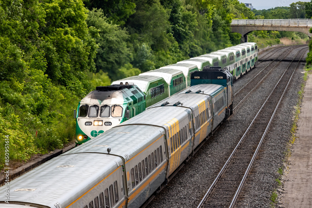 Toronto Canada, June 10 2024; VIA Rail commuter train and GO Transit ...