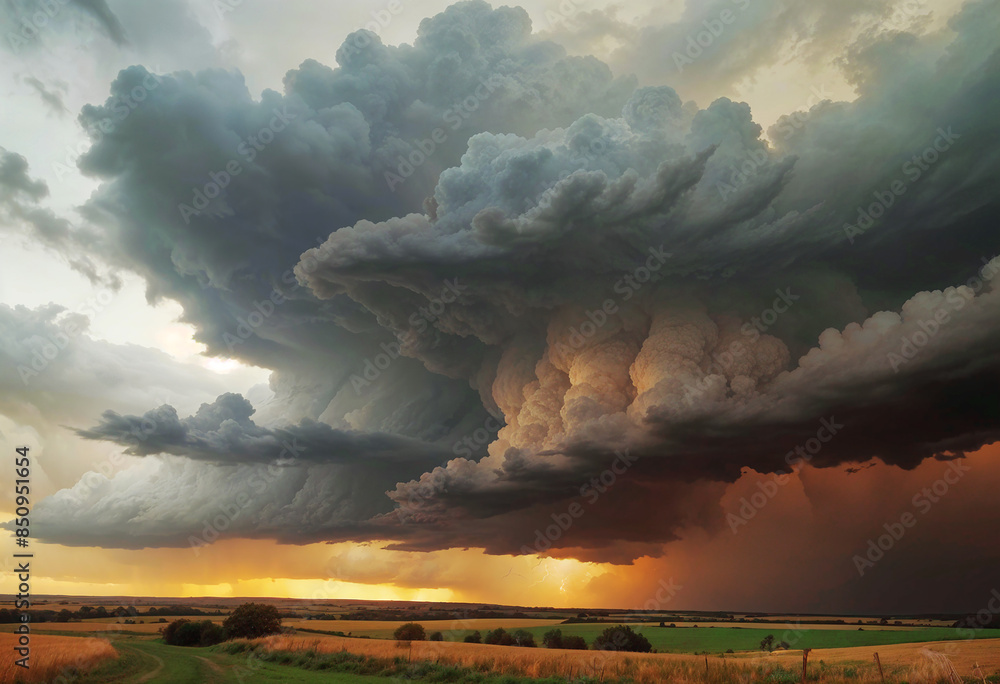Massive tornado supercell mesocyclone storm clouds form over field ...
