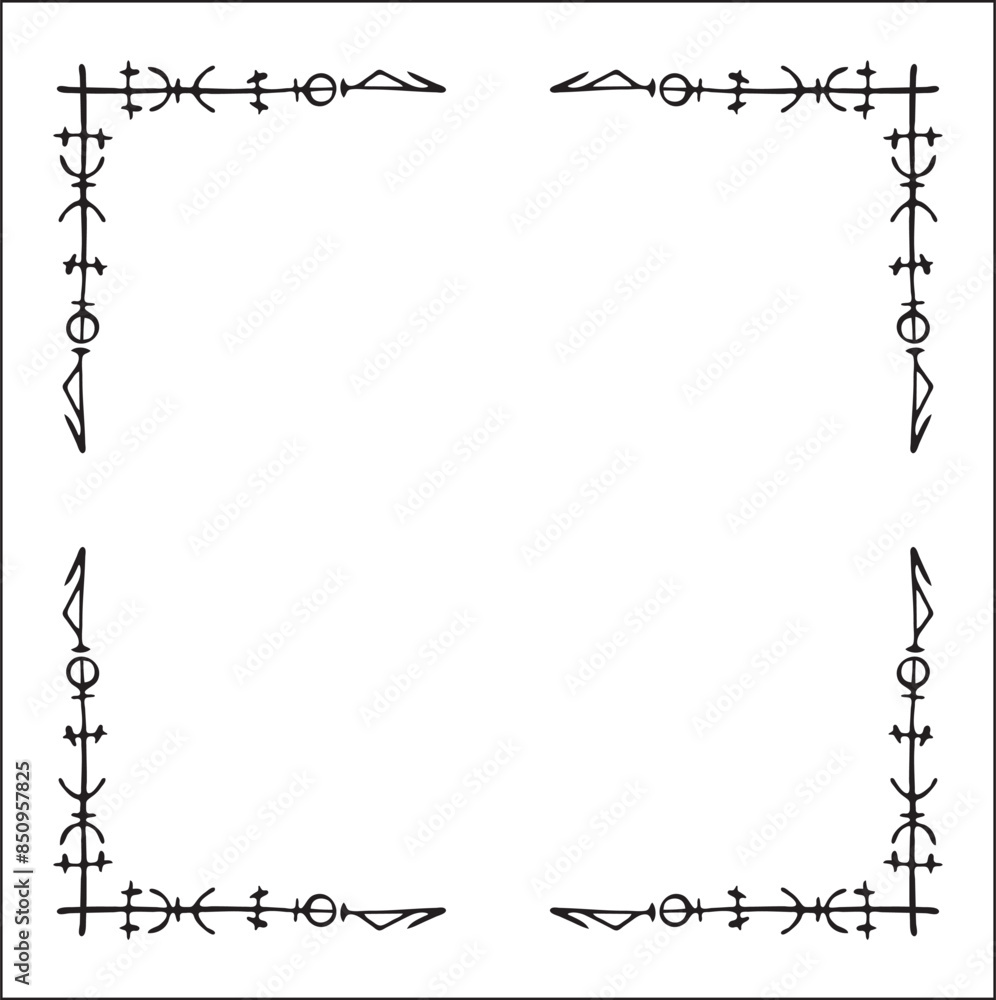 Elegant black and white ornamental frame with Viking runes, decorative ...