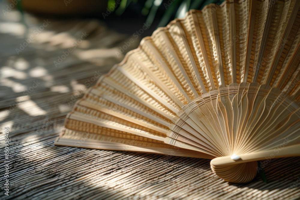 Simple photo of a fan made from woven bamboo strips on a neutral ...